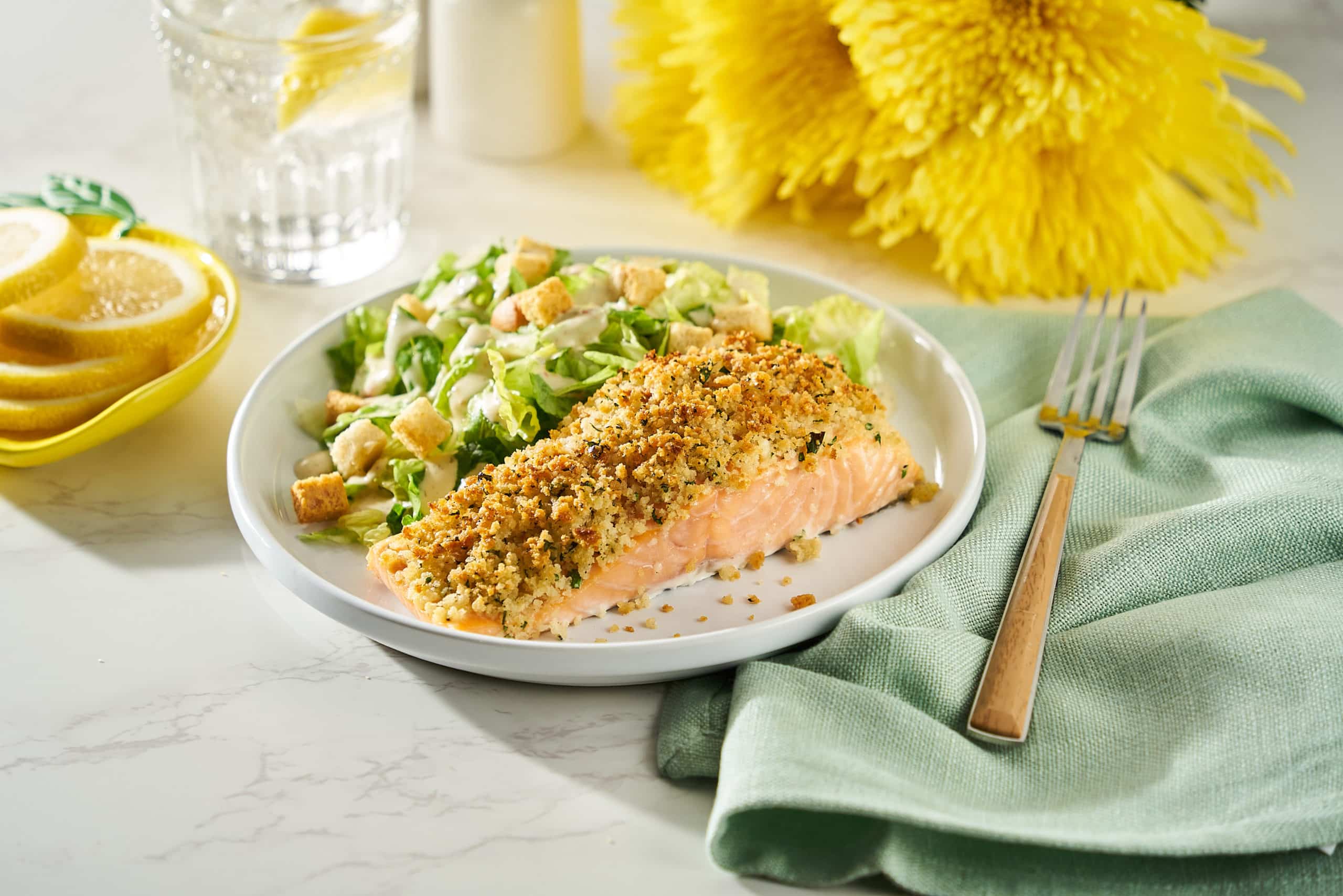 Italian Crusted Salmon with Twisted Creamy Truffle Caesar Salad - Fresh ...